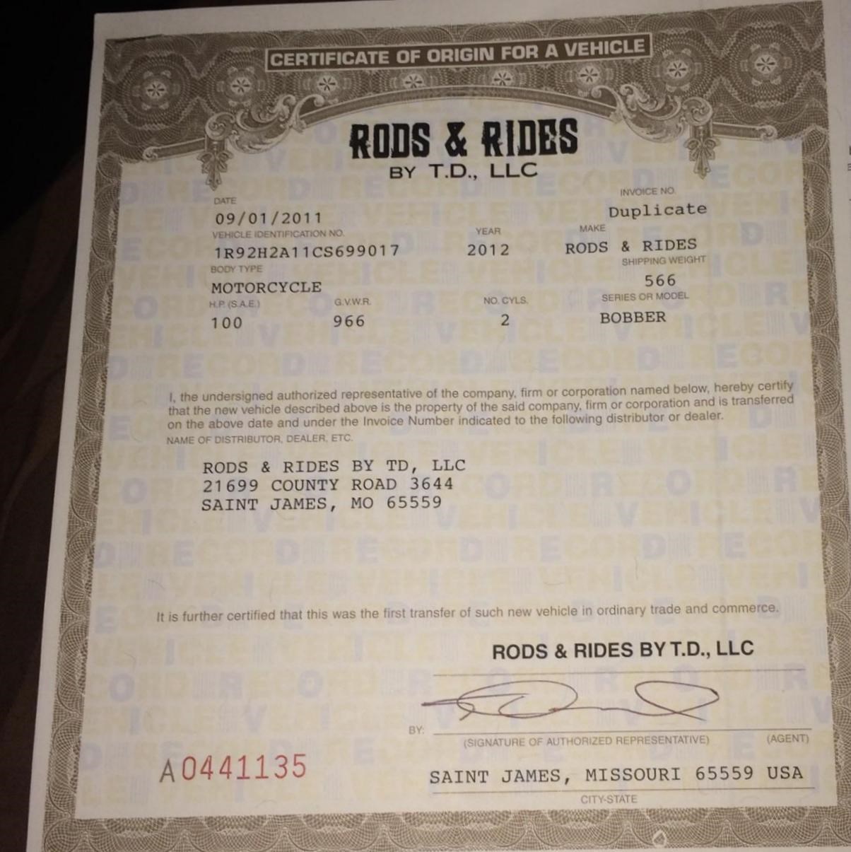 2012 Rods & Rides 330 Bobber for Sale in league city, TX (Item 563660)